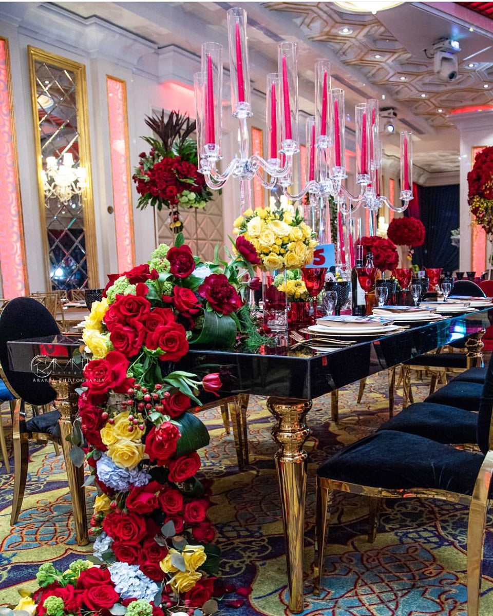 Alexa Black Table 4x8 Gold Legs – Milla Event Rentals